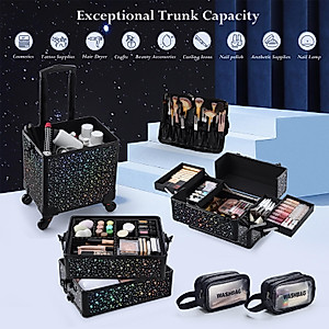 Stagiant Rolling Makeup Case 4 in 1 Cosmetology Case on Wheels Makeup Travel Case with Brush Waist Bag Key Swivel Wheels Salon Barber Case Traveling Cart Trunk Cosmetic Trolley Balck Star