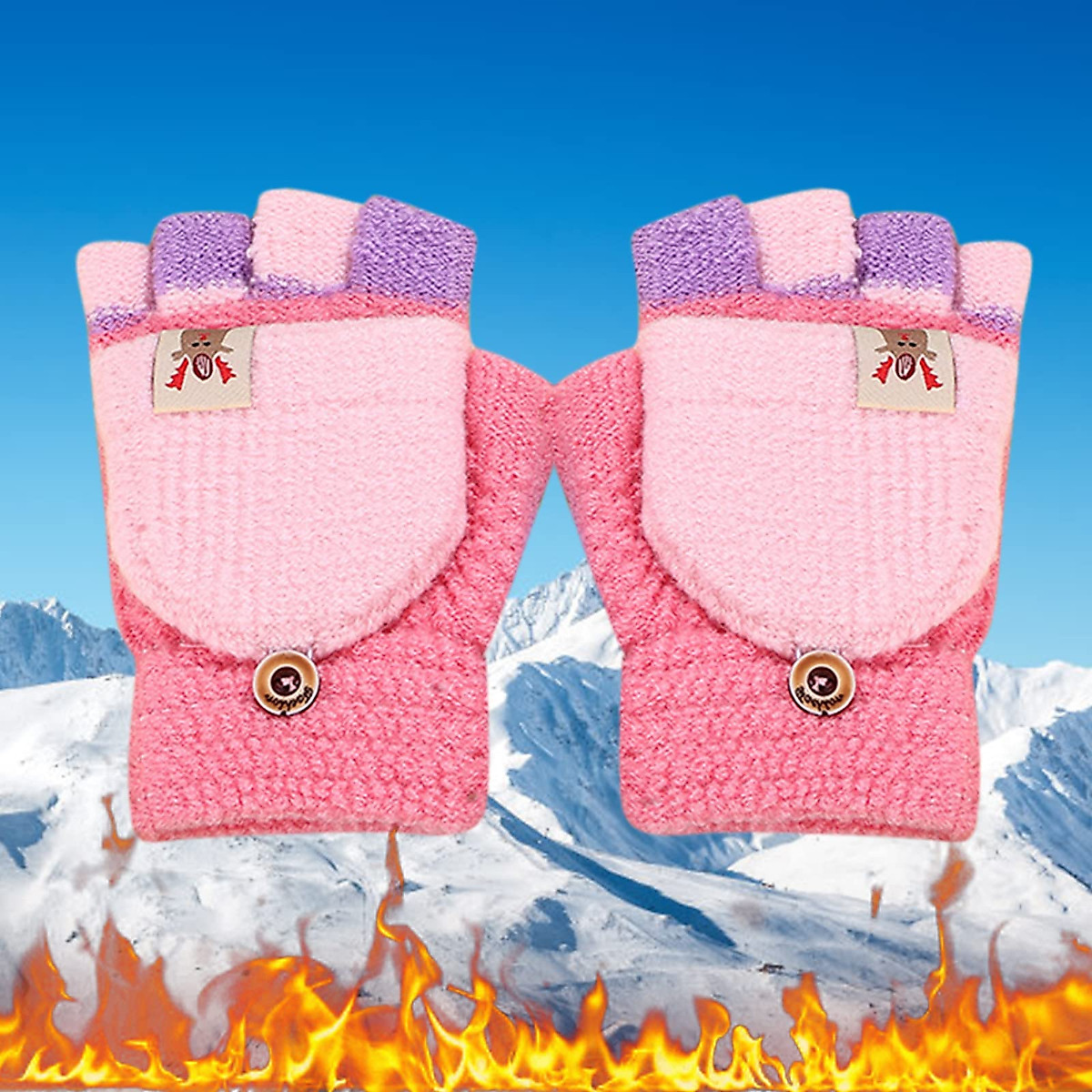 Aniywn Winter Knitted Convertible Fingerless Gloves Mittens Cute Warm Mitten Gloves for 3-7 Years Old Kids Boys Girls