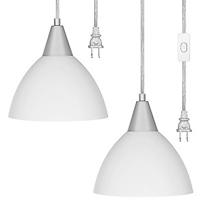 DEWENWILS Plug in Pendant Light, Hanging Light with 15Ft Clear Cord, On/Off Switch, Frosted Plastic White Shade, Hanging Ceiling Light for Living Room, Bedroom, Dining Hall, Pack of 2