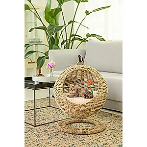 YoSpot Hand Made Wicker Cat Bed Basket Swinging Pet House Nest for Small Dog Cat with Cushion