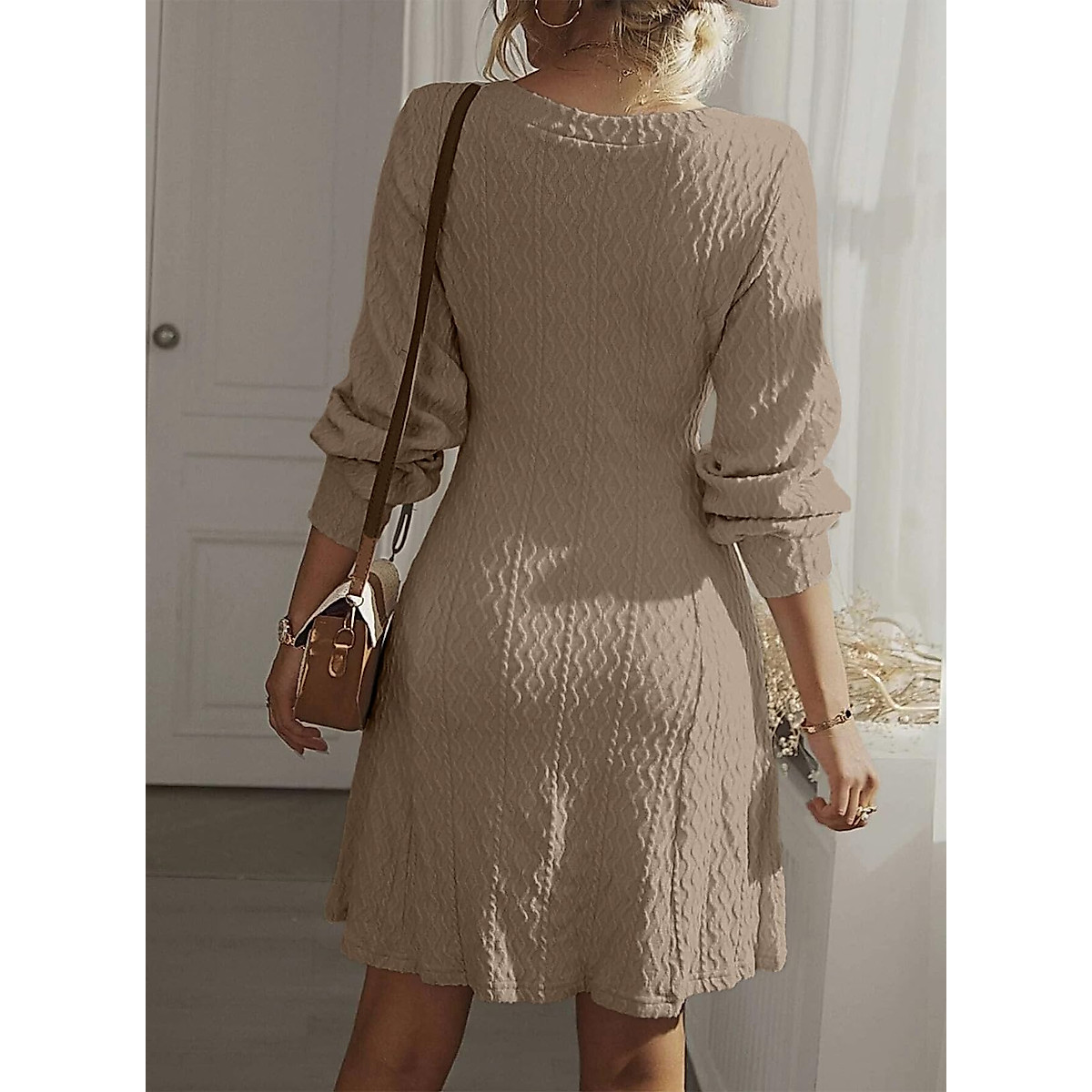 Dokotoo Womens Sweater Dress Spring Dresses for Women 2025 Business Casual Outfits Work Dress Trendy Casual Long Sleeve Dresses V Neck Knit Ribbed A Line Sweater Mini Dress Trendy Brown Dress M