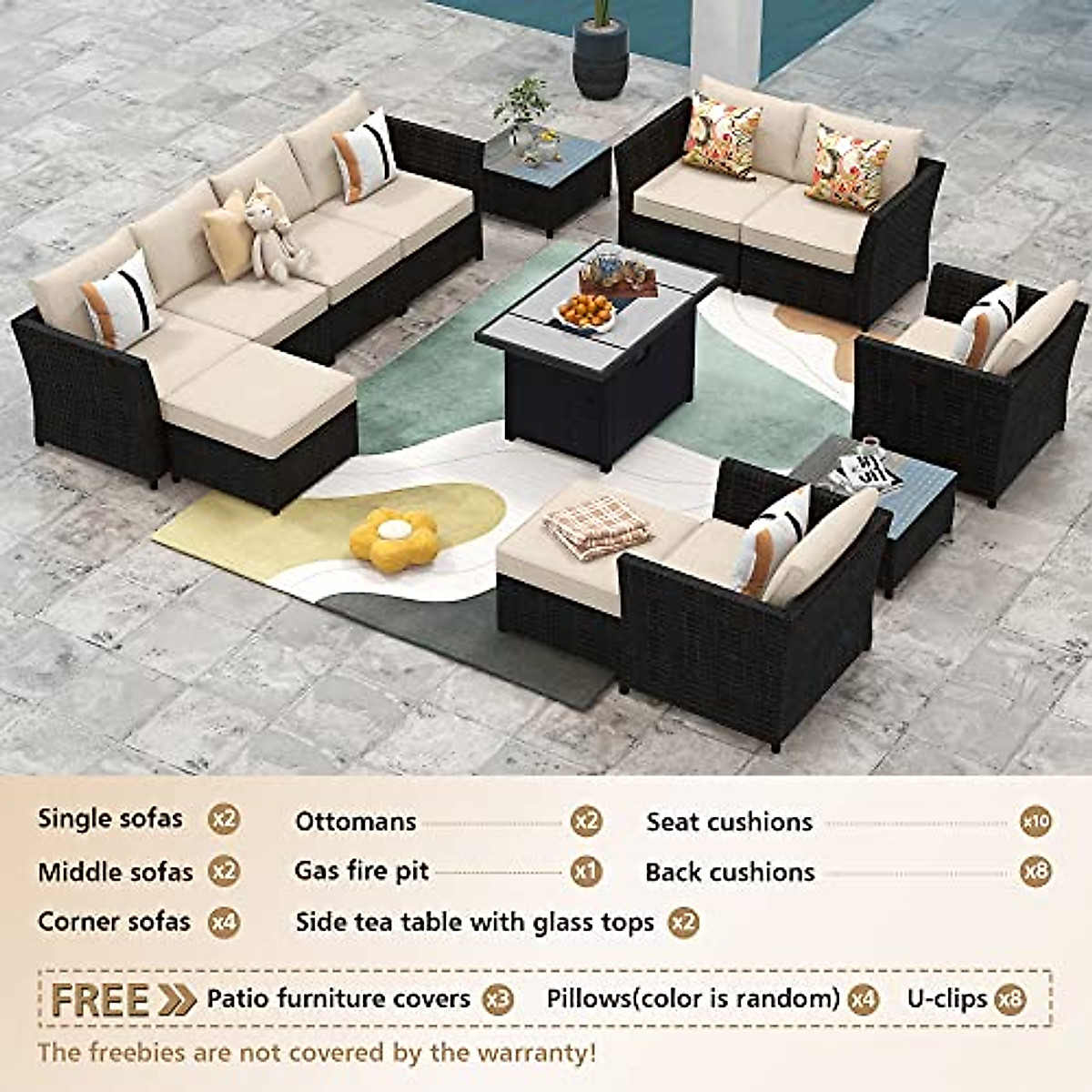 XIZZI Patio Furniture Set Outdoor Sectional Sofa with 42" 50000BTU Gas Propane Fire Pit Table 13 Pieces PE Wicker Rattan Patio Conversation Sets with 4 Pillows and Furniture Covers,Fire Pit/Beige