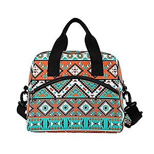 Moudou Aztec Geometric Lunch Bag Reusable Insulated Cooler Lunch Tote Bag with Adjustable Shoulder Strap for Office Work School Picnic Travel