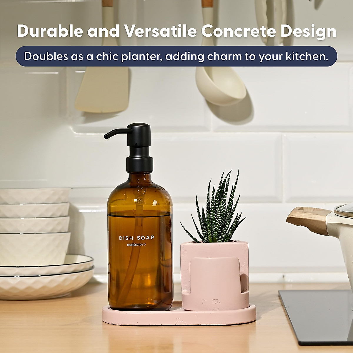 MaisoNovo Concrete Sink Sponge Holder - Kitchen Sponge Holder for Sink, Concrete Sponge and Brush Holder, Soap Dispenser, Pink Concrete Holder with Pink Oval Tray and Amber Bottle Black Pump