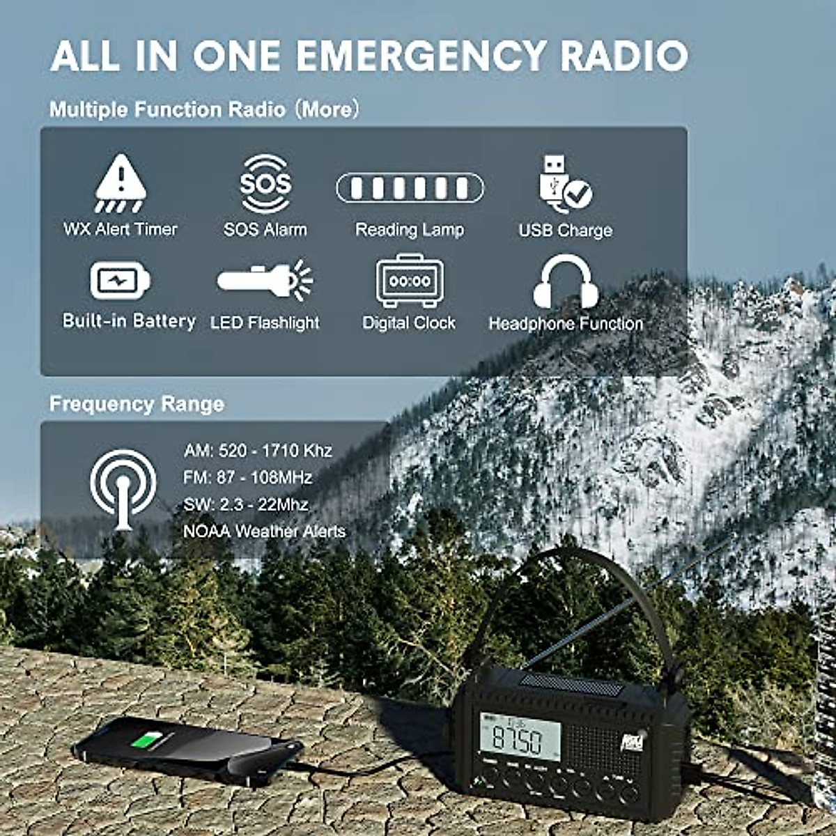 Emergency Radio, 5000mAh Solar Hand Crank Portable AM/FM/NOAA Radio with Solar Charging & Battery Operated, USB Charger, Emergency Supplies Survival Gear with LED Flashlight for Outdoor Camping Black
