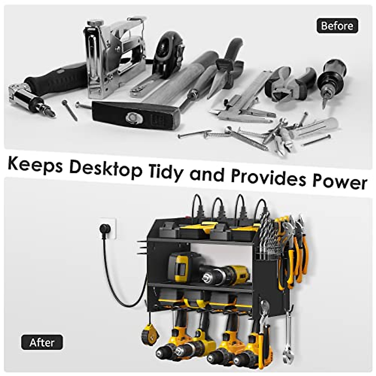 CCCEI Modular Power Tool Organizer Wall Mount with Charging Station. Garage 4 Drill Storage Shelf with Hooks, Screwdriver, Drill Bit Heavy Duty Rack, Tool Battery Holder Built in 8 Outlet Power Strip.