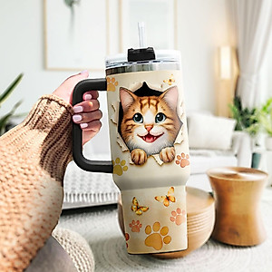 99OWL Funny Adults Tumblers Yellow For Women Insulated Coffee Brown Handle Cup Butterfly Cute Lovers Cups, Cat Gifts, Tumbler 40 Oz With Handle Lid And Straw, Cat Paw Lover