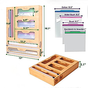 Bamboo 6 IN 1 Foil And Plastic Wrap Organizer With Ziplock Bag Storage Organizer for Kitchen Drawer, TIGARI Plastic Wrap Dispenser With Cutter, Suitable for Wrap, Foil, Gallon, Quart, Sandwich Bags