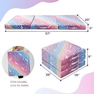 MeMoreCool Glow Rainbow Unicorn Foldable Floor Mattress for Kids, Trifold Nap Mat for Toddlers, Portable Daycare Sleeping Futon or Floor Bed, 63x26 Inch