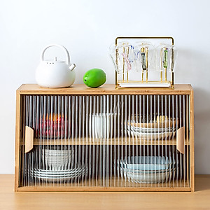 HollyHOME Small Bamboo Kitchen Pantry Sideboard with 2 Sliding Striped Glass Doors, Freestanding Countertop Storage Cabinet for Bottles, Dish, Bowl, Console Dining Cupboard, Burlywood