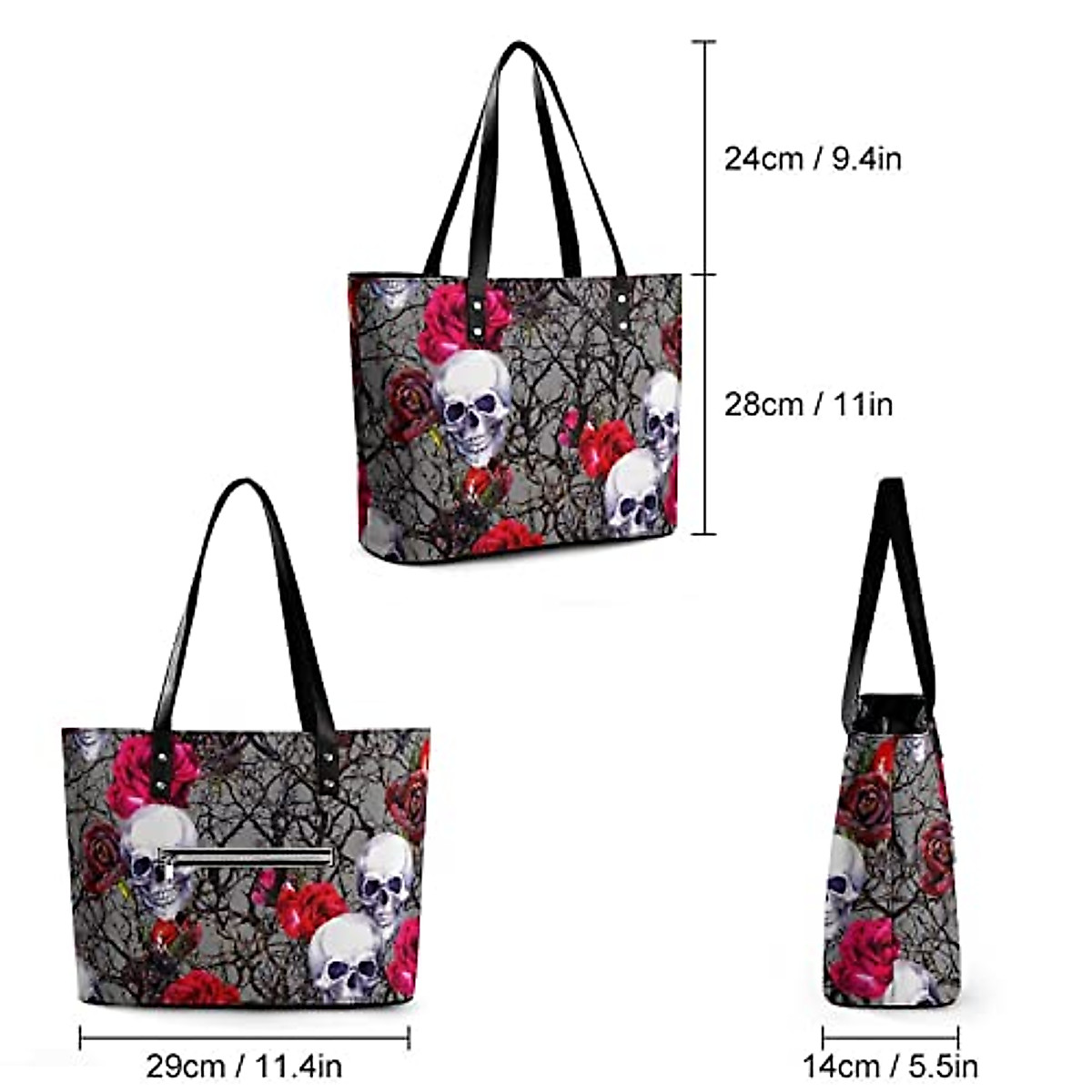 Womens Handbag Skulls Rose Flowers Leather Tote Bag Top Handle Satchel Bags For Lady