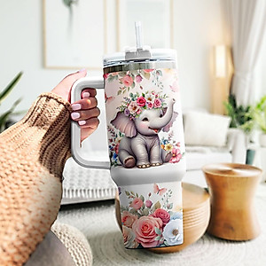 99OWL Elephant Gifts, Women Tumblers Yellow For Cute Flower Butterfly Coffee Handle Cups, Elephant Floral Just A Girl, Tumbler 40 Oz With Handle Lid And Straw