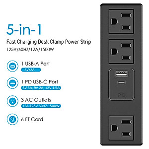 CCCEI Desk Clamp Power Strip with PD 3.0 Fast Charging USB C Port, on Desktop Mount Widely Spaced Outlet 6 FT Flat Plug, Fit 1.6 inch Tabletop Edge Thick, 125V 12A 1500W (Black)