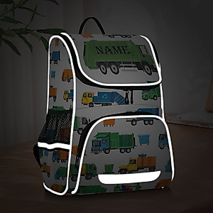 XUWU Custom Personalized Garbage Trucks Backpack with Reflective Strip for Kids Boys Girls Elementary School Bag Removable Chest Strap