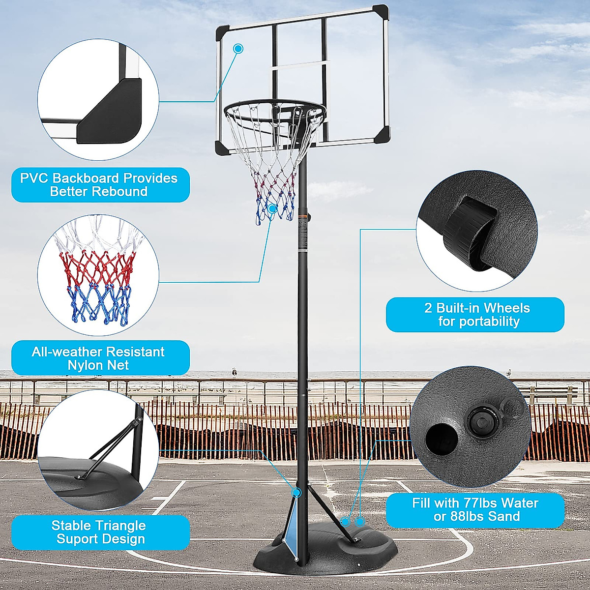 KL KLB Sport Portable Basketball Hoop System Stand Height Adjustable 7.5ft - 9.2ft with 32 Inch Backboard and Wheels for Youth Adults Indoor Outdoor Basketball Goal