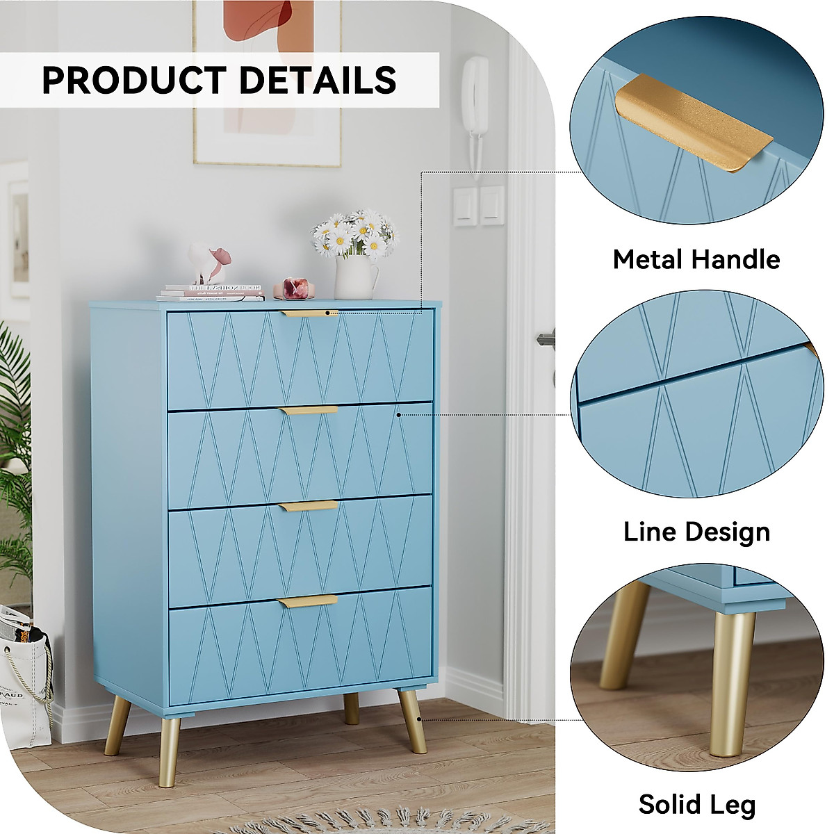 NOVALLA 4 Drawer Dresser, Chest of Drawers, Modern Dresser with Storage, Organizer Unit for Bedroom, Living Room, Hallway, Entryway, Closet(Blue)