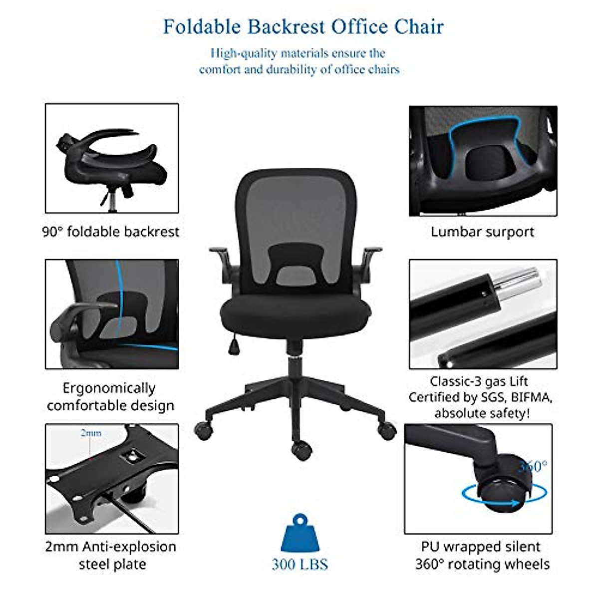IPKIG Foldable Office Chair - Home Office Desk Chairs with Flip-Up Arms and Foldable Backrest, Mesh Computer Chair Foldable Executive Office Chair (Black)