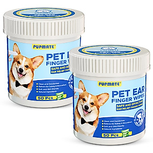 PUPMATE Ear Finger Wipes for Dogs & Cats - Cleaning Earwax & Debris - Relieves Ear Itching & Discomfort - Fresh Aloe Scent - Sooths & Repair, Natural Ingredients-100 Count