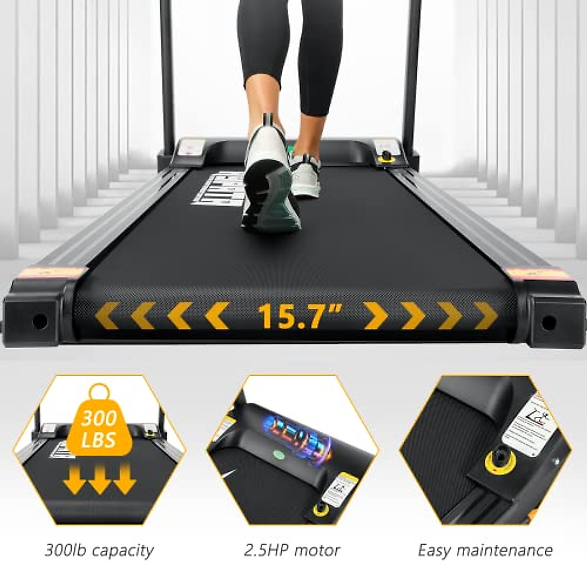 HYPATA Treadmill 300 lb Capacity,Max 2.5 HP Folding Treadmills for Running and Walking Jogging Exercise with 12 Preset Programs, 300 LBS Weight Capacity, Easy Assembly for Home Use