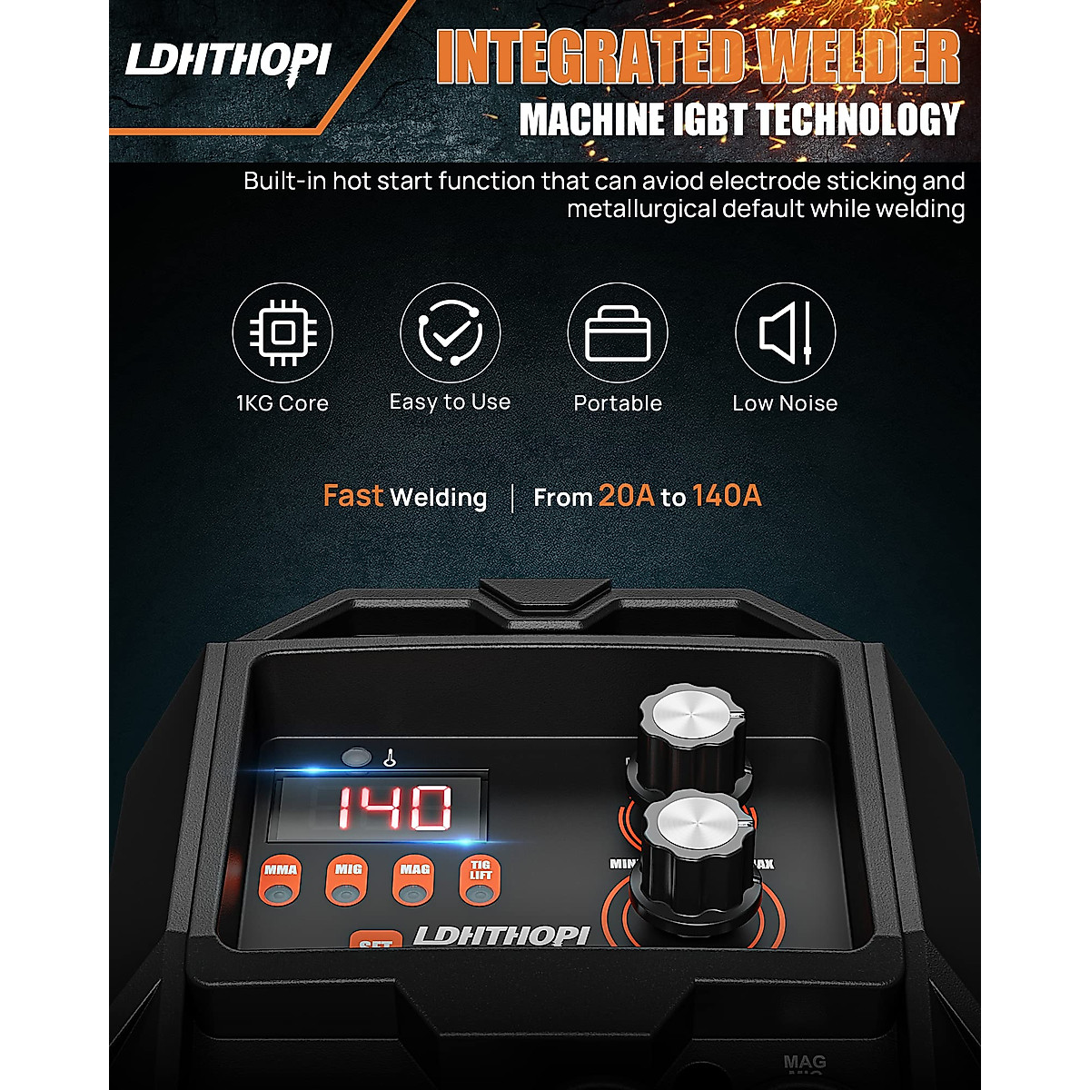 LDHTHOPI 140A MIG Welder, 4-in-1 Flux Core/Solid Wire/Lift TIG/Stick Welder, 110V Gas/Gasless Welder Machine for Home, Car, Yard, Workshop, Farm