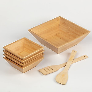 KITCHEN Affections | Bamboo Bowl Set | 5pc Square Bowl Set with Serving Utensils | Wood Dinnerware | Eco Friendly Bowls
