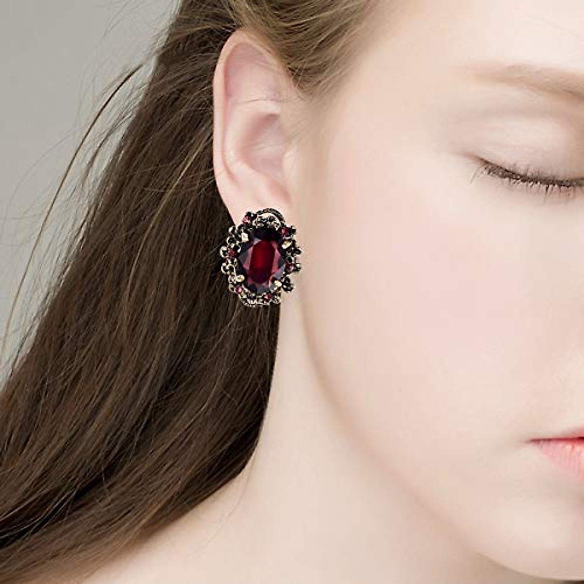 BriLove Victorian Style Stud Earrings for Women Crystal Floral Scroll Cameo Inspired Oval Earrings Amethyst Color Antique-Gold-Tone