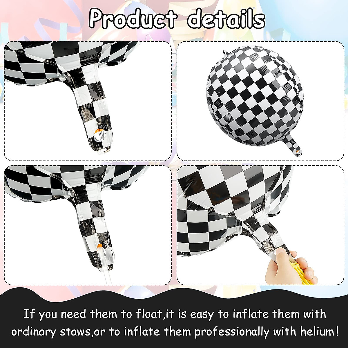 14 Pieces Foil Checkered Balloons 22 Inch Checkered Racing Car Balloons Black White Checkerboard Balloons Racing Themed Birthday Balloons with Black Ribbon for Racing Themed Party Decoration