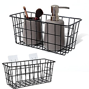 BASKETIA Wire Baskets, 2Pcs, 11x 4.7x 4.7 Inches – Rust Resistant Metal Basket with Strong Adhesive - Perfect for Organizing & Storing in Kitchen, Bathroom, Closets, Vanity & Pantry Black