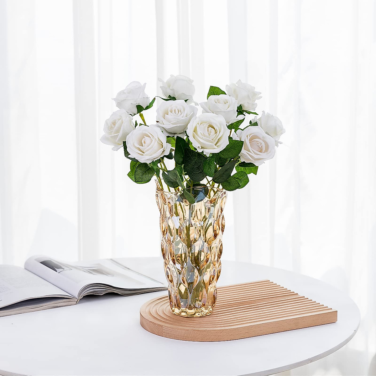 Fake Roses Artificial Silk Flowers - 12 Pcs White Roses Artificial Faux Flowers with Stems for Home Wedding Centerpiece Hotel Office Decor