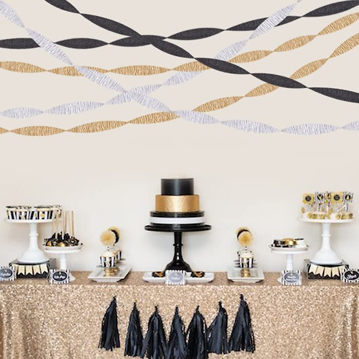 Gold Silver Black Streamers, 6 Rolls 492 Ft Crepe Paper Party Streamers Tassels Backdrop Party Supplies for Bachelorette Party Bridal Shower Wedding Baby Shower Birthday Halloween, 82 Ft/Roll