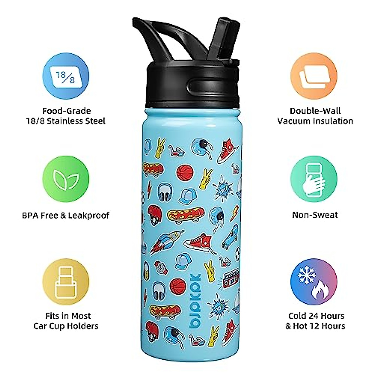 BJPKPK Kids Water Bottle with Straw Lid, 18oz Insulated Water Bottle for School, Reusable Water Bottles for Kids, Stainless Steel Metal Water Bottles, Thermos, Playground