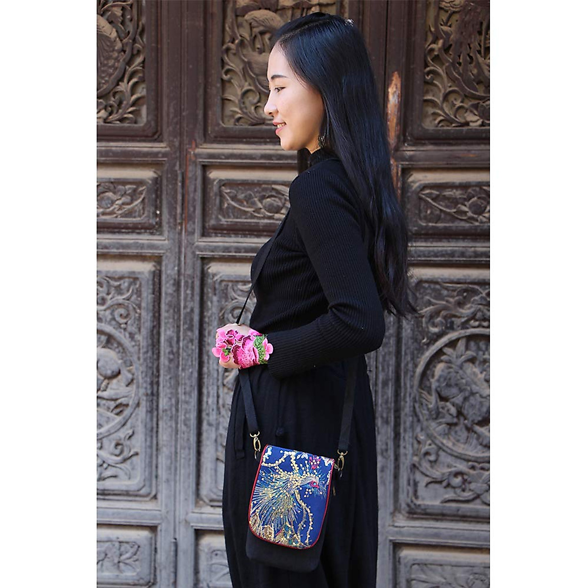 Vintage Canvas Boho Crossbody Purse Phoenix Sequin Wristlet Wallets for women Cell Phone Wallets (Blue)