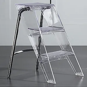 Acrylic 3 Step Ladder Step Stool Transparent L44xW52xH63cm Folding Step Stool 150kg Capacity Ladder for Kitchen Electroplated Silver Iron Frame Household Stool