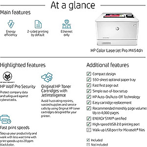 HP Laserjet Pro M454dn Wired Color Laser Printer- Print only - 2.7" Touchscreen Display, 28 ppm, Automatic 2-Sided Printing, 600 x 600 dpi, 8.5 x 1, Ethernet- WULIC Printer Cable