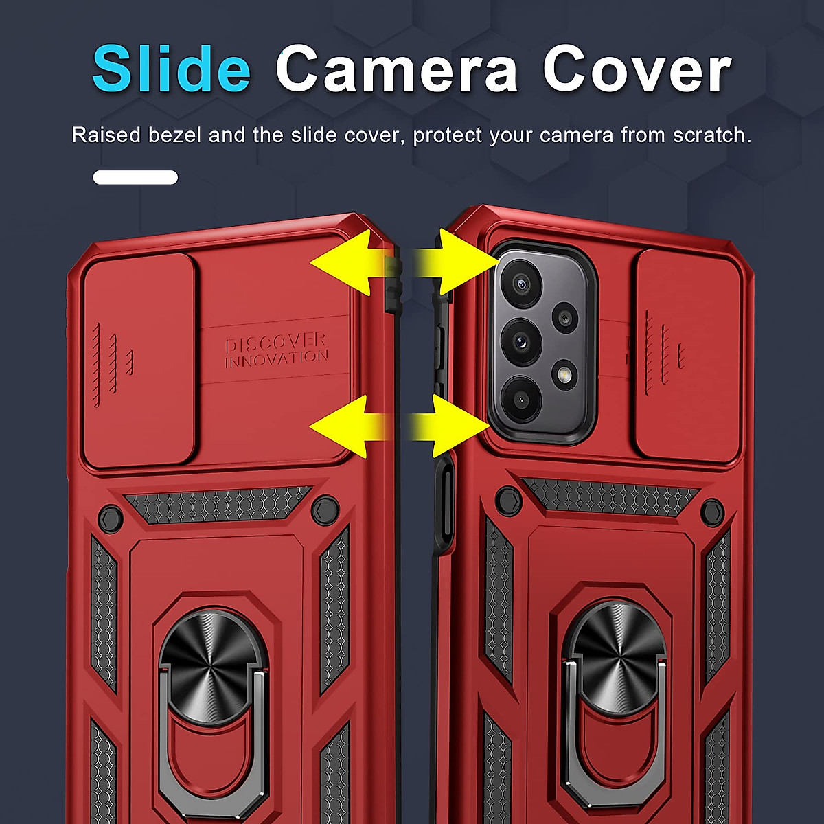 Janmitta Compatible with Galaxy A23 5G/4G Case Built in Slide Camera Lens Cover+Screen Protector,Heavy Duty Shockproof Full Body Cover,Built in Finger Ring Stable Holder Kickstand,2022 Red
