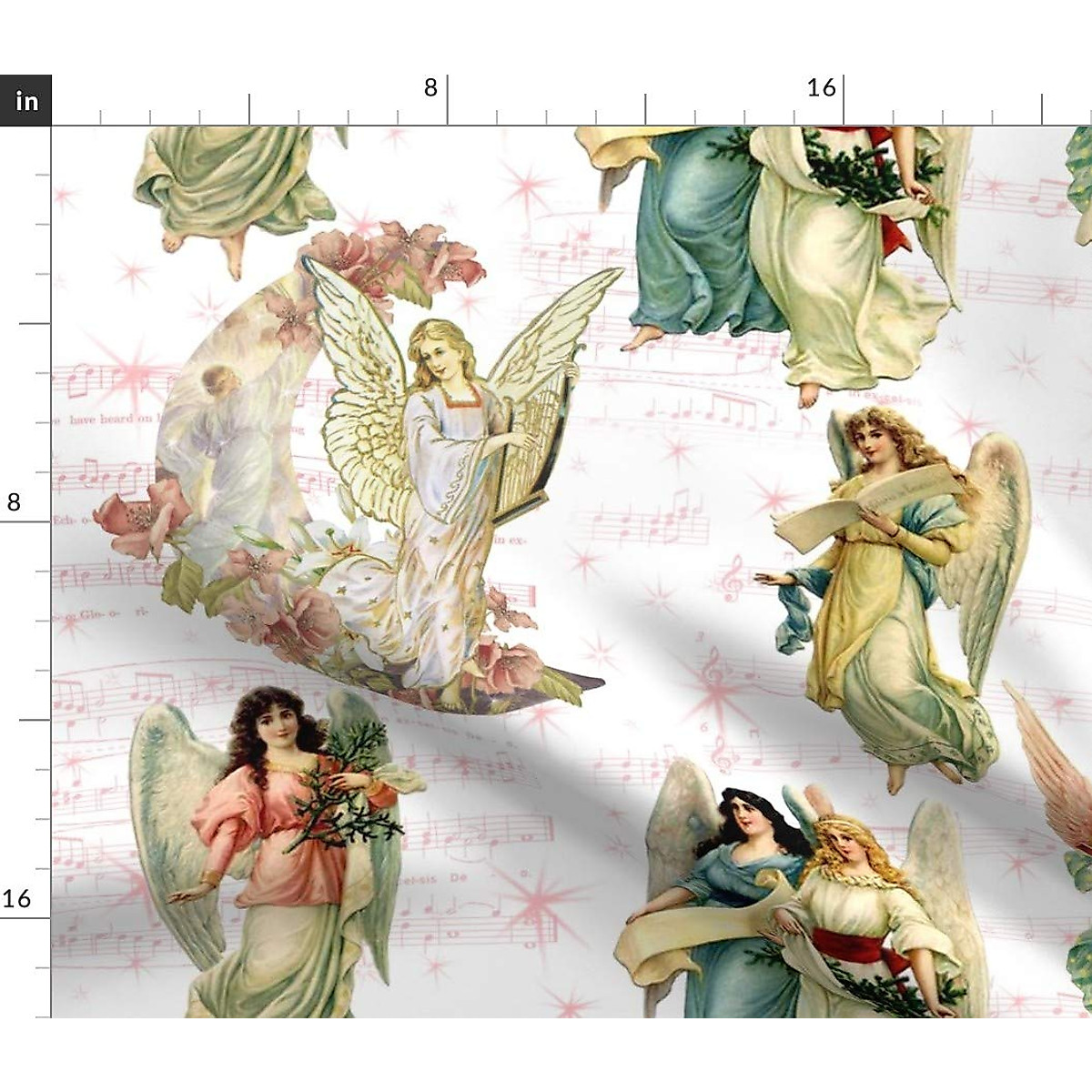 Spoonflower Fabric - Angels High Christmas Victorian Music Stars Pink White Cloth Printed on Petal Signature Cotton Fabric by The Yard - Sewing Quilting Apparel Crafts Decor