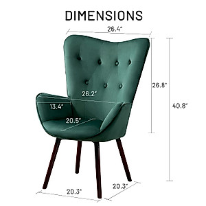 Velvet Accent Chair, Modern Wingback Vanity Chair Tufted Armchair Upholstered Tall Back Desk Chair with Arms Solid Wood Legs Lounge Leisure Chair for Living Room Bedroom Waiting Room (Dark Green)