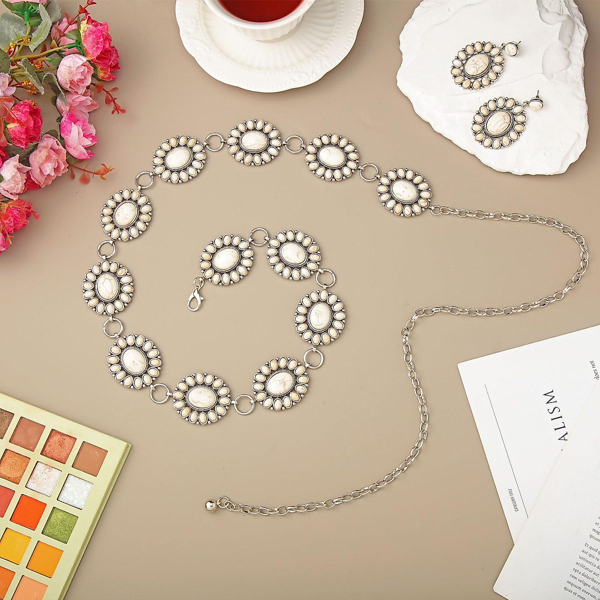 Sasylvia White Turquoise Concho Chain Belt Metal Western Waist Belts for Women Boho Belt Turquoise Drop Earrings (Classic Style)