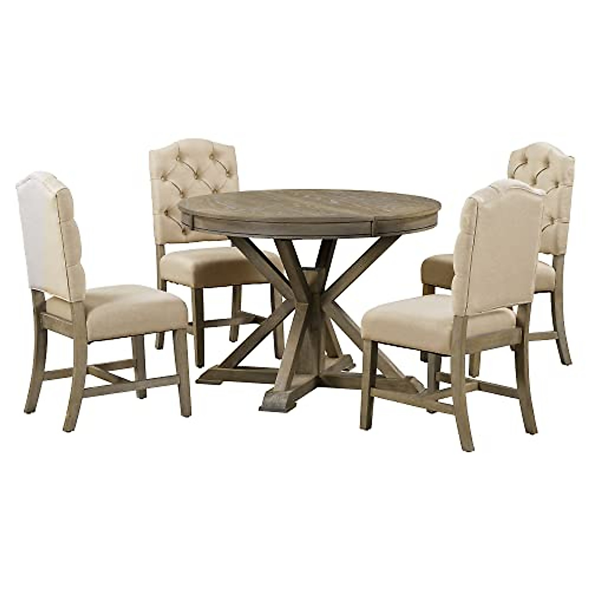 WOZNLA Retro Style 5-Piece Extendable Round Dining Table Set with 4 Upholstered Chairs - Ideal for Kitchen and Living Room Gatherings