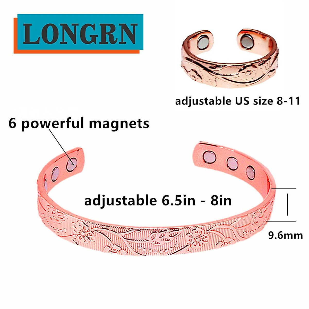 LONGRN-Pure Copper Magnetic Ring & Bracelet Adjustable Size for Women