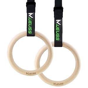 MUEUSS Gymnastic Rings Wooden Gym Rings with Adjustable Straps, Fitness Rings, Exercise Rings, Heavy Duty Gym Equipment for Training Workout, Strength Training, Gymnastics Olympic Thickness 1.1" 28mm