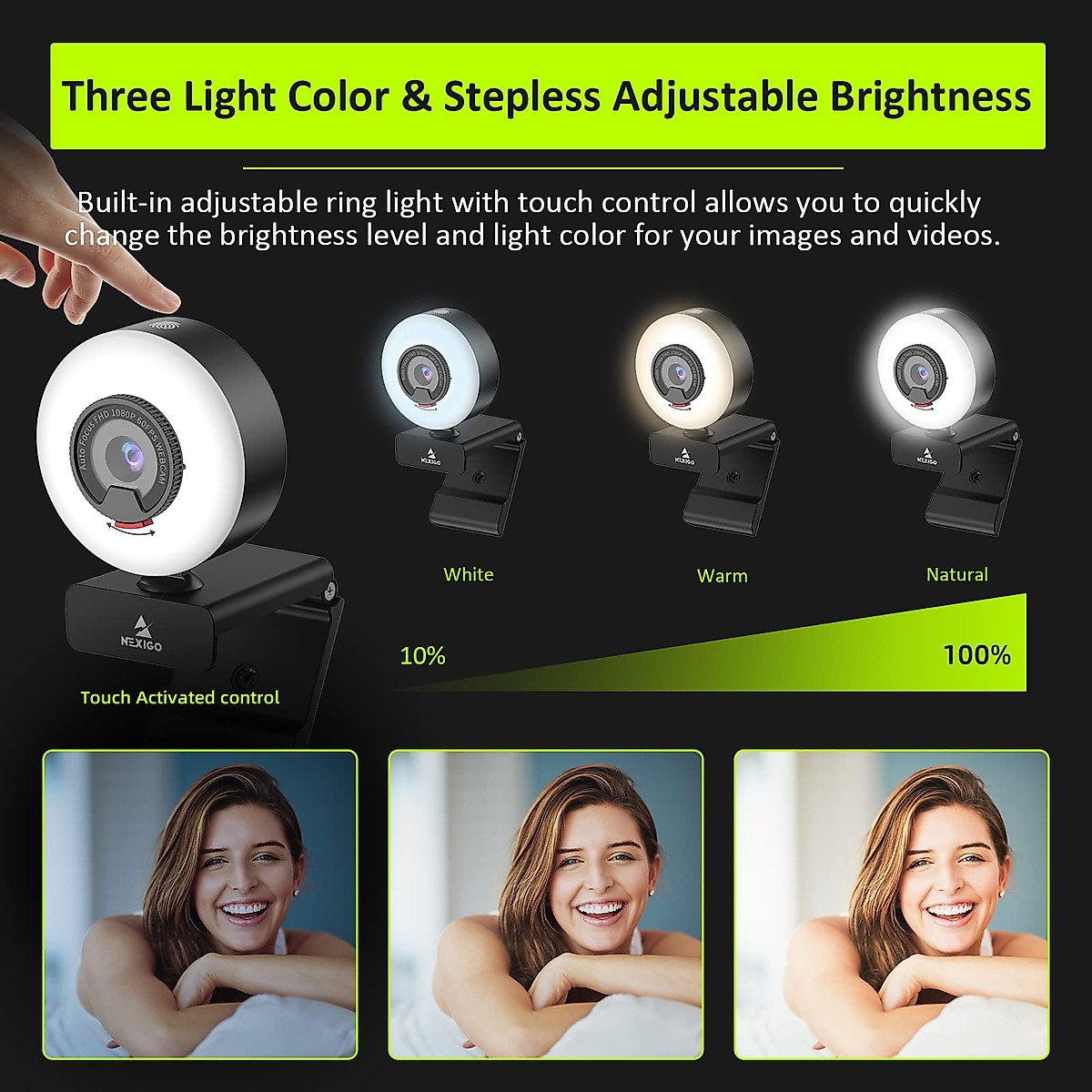 NexiGo N960E 1080P 60FPS Webcam with Light, Software Included, Fast AutoFocus, Built-in Privacy Cover, USB Web Camera, Dual Stereo Microphone, for Zoom Meeting Skype Teams Twitch