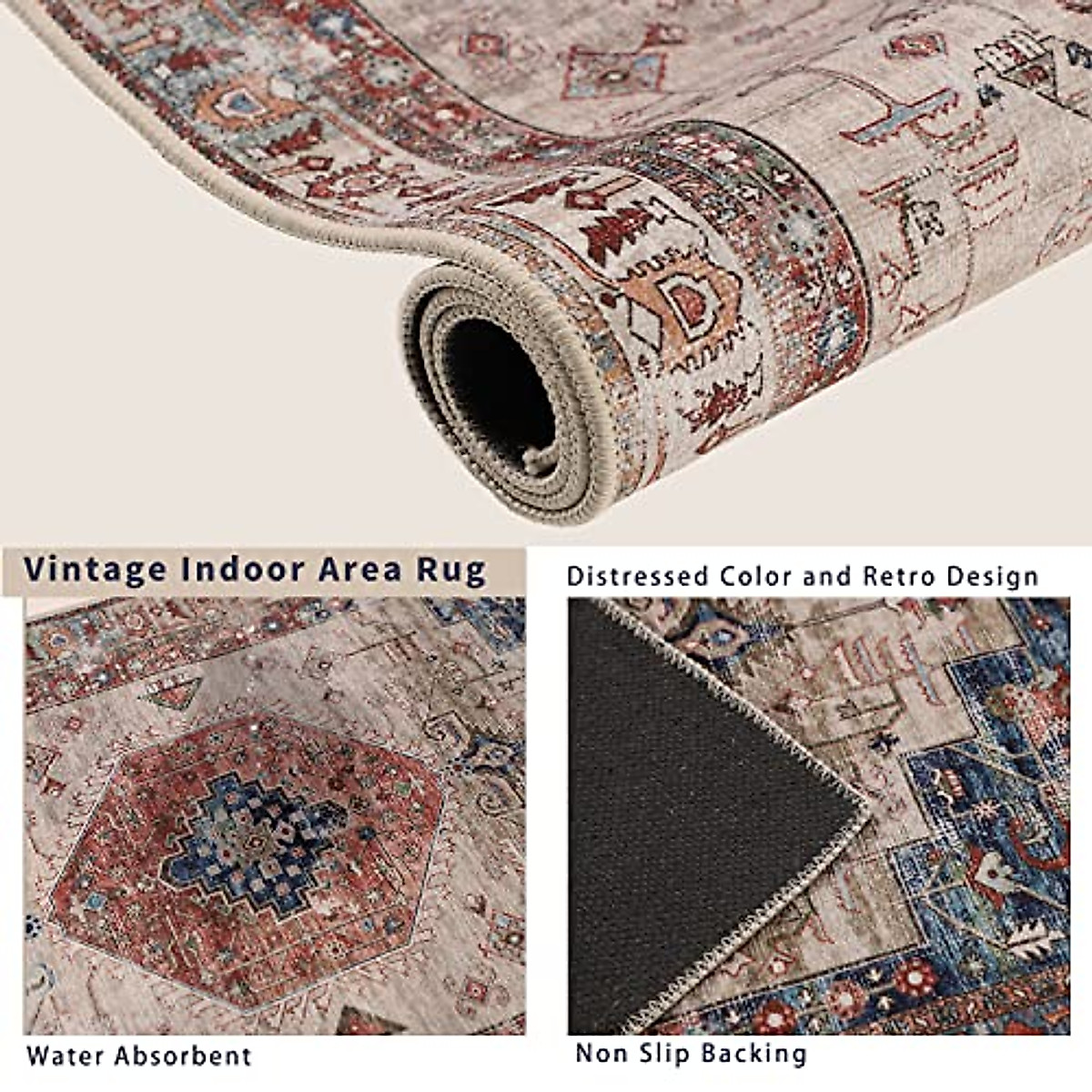 Falflor Area Rug 2'x 3' Vintage Distressed Entryway Rug Non Slip Indoor Door Mat Washable Throw Rug for Bedroom Low Pile Kitchen Floor Mat for Living Room Bathroom Laundry