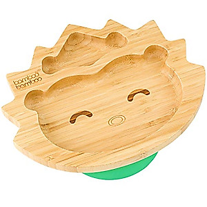 Bamboo Baby Plate with Suction - Kids and Toddler Suction Cup Plate for Babies, Non-Toxic All-Natural Bamboo Baby Food Plate Stays Cool to The Touch for Baby-Led Weaning (Hedgehog-Green)