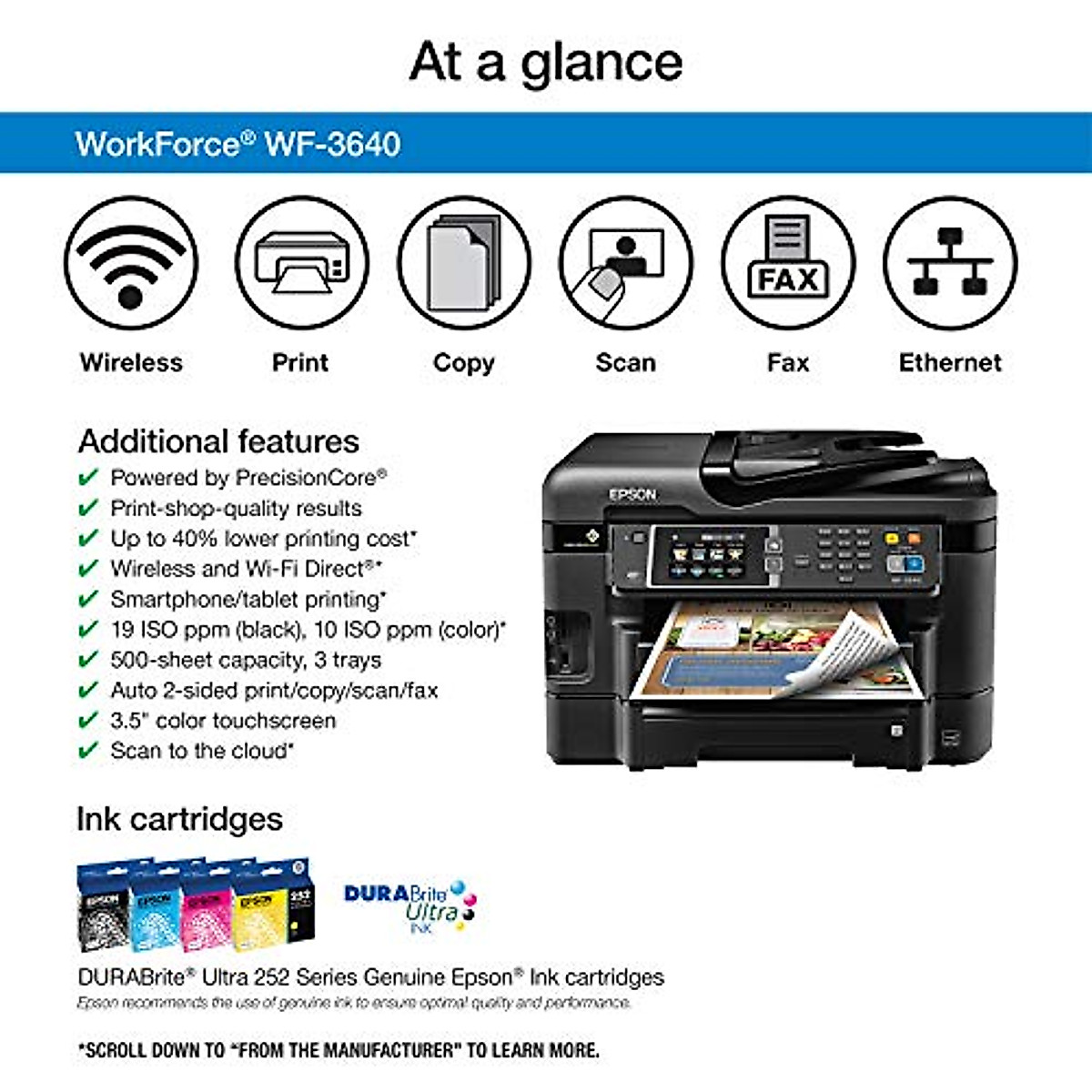 Epson WorkForce WF-3640A Wireless Color All-in-One Inkjet Printer with Scanner and Copier