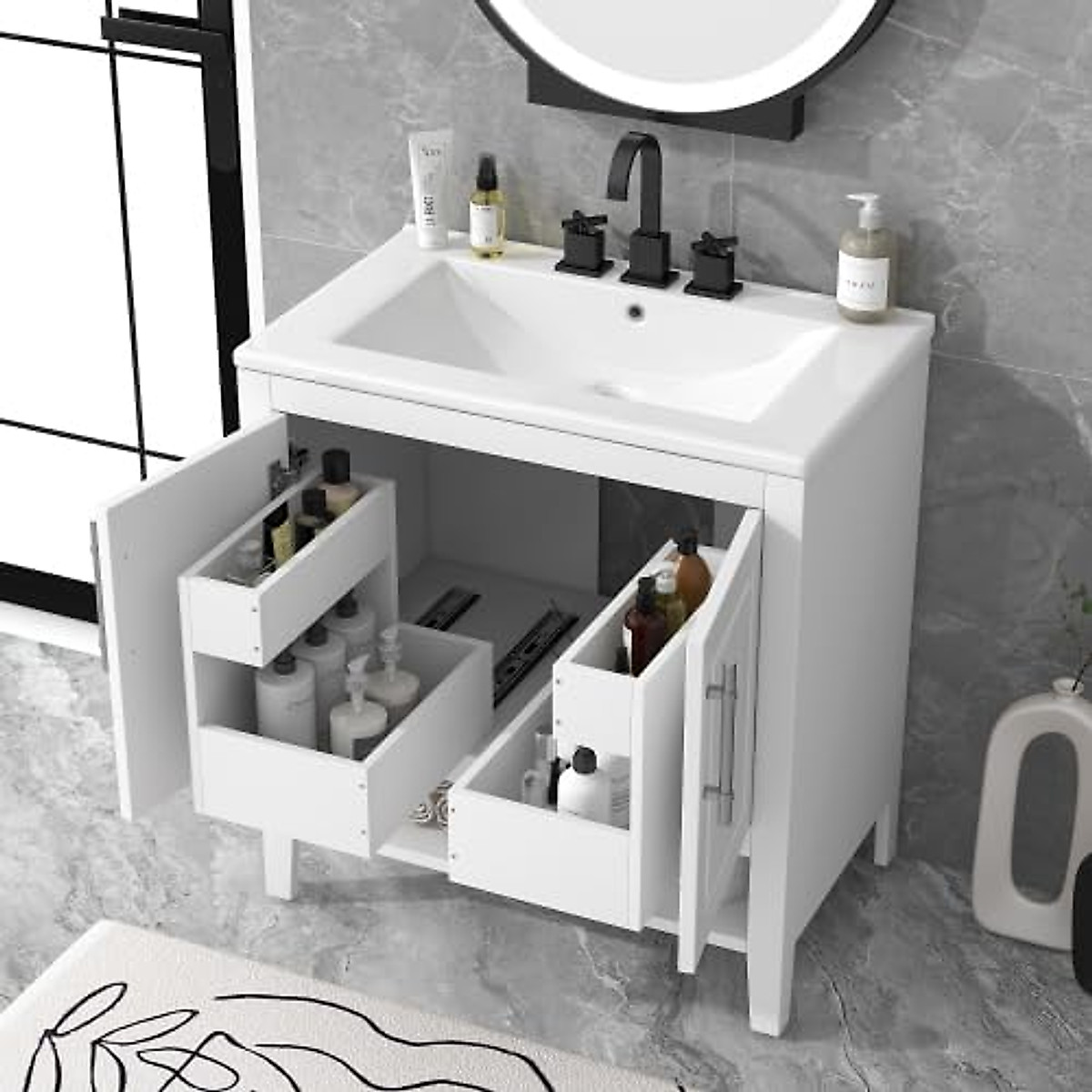 AnwickNomo 30" Bathroom Vanity with Sink Combo, Modern Multi-Functional Bathroom Cabinet with Doors and Drawers, Narrow Depth Bath Vanities,Solid Frame and MDF Board, Large Storage Space (White)