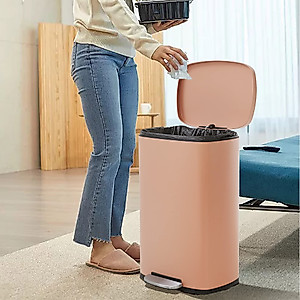 50 Liter / 13 Gallon Kitchen Trash Can with Lid, Stainless Steel Trash Can with Foot Pedal and Plastic Inner Bucket, Fingerprint-Resistant Soft Close Lid Garbage Can, Odor Proof and Hygienic, Pink