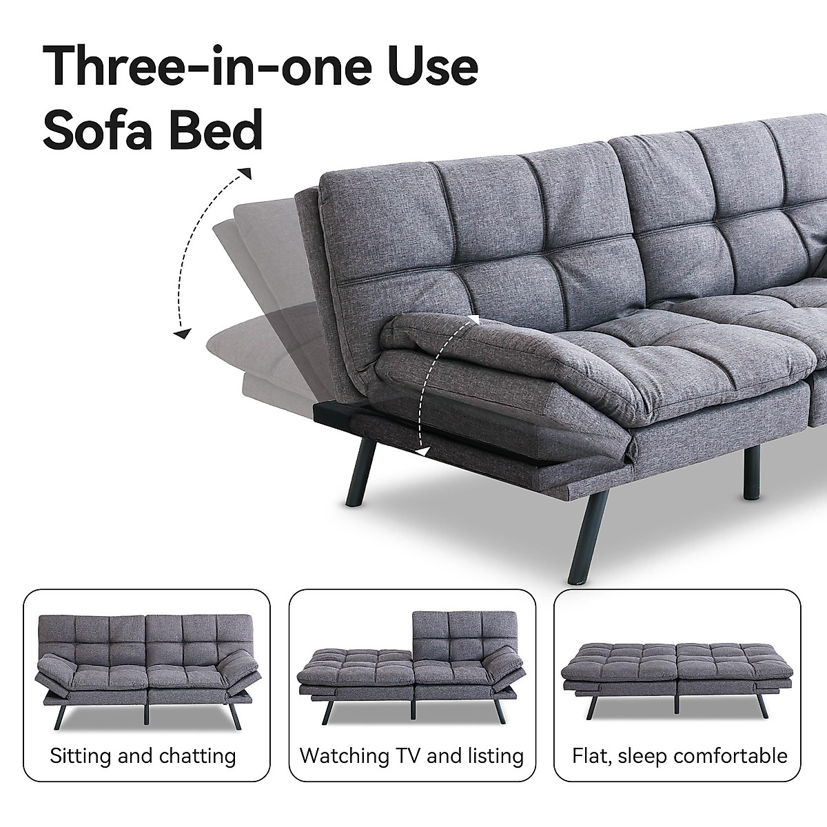 Hcore Convertible Futon Bed,Gray Fabric Memory Foam Loveseat Sofas, Pure Grey