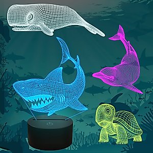 FULLOSUN Shark Gifts, 3D Shark Night Light for Kids (4 Patterns) with Remote Control 16 Colors Changing Dimmable Function, Xmas Birthday Gifts for Kids Child (Shark, Whale, Turtle, Dolphin)