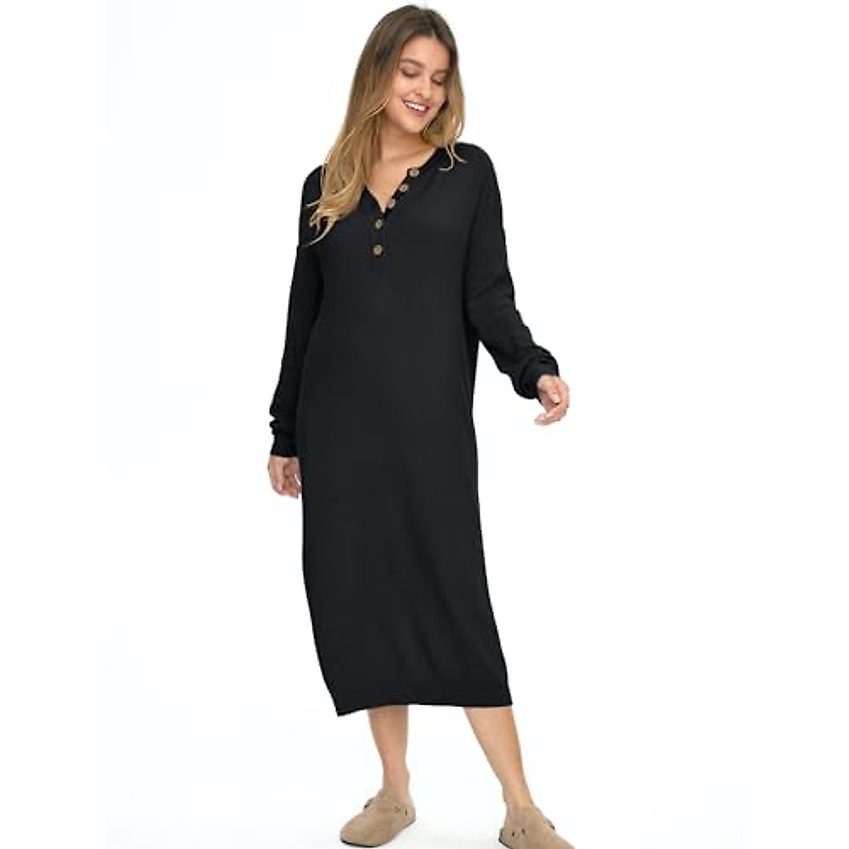 LILLUSORY Long Sweater Dress for Women 2023 Winter Oversized Pullover Plus Size Knit V Neck Sweaters Waffle Knitted Maxi Dresses Black